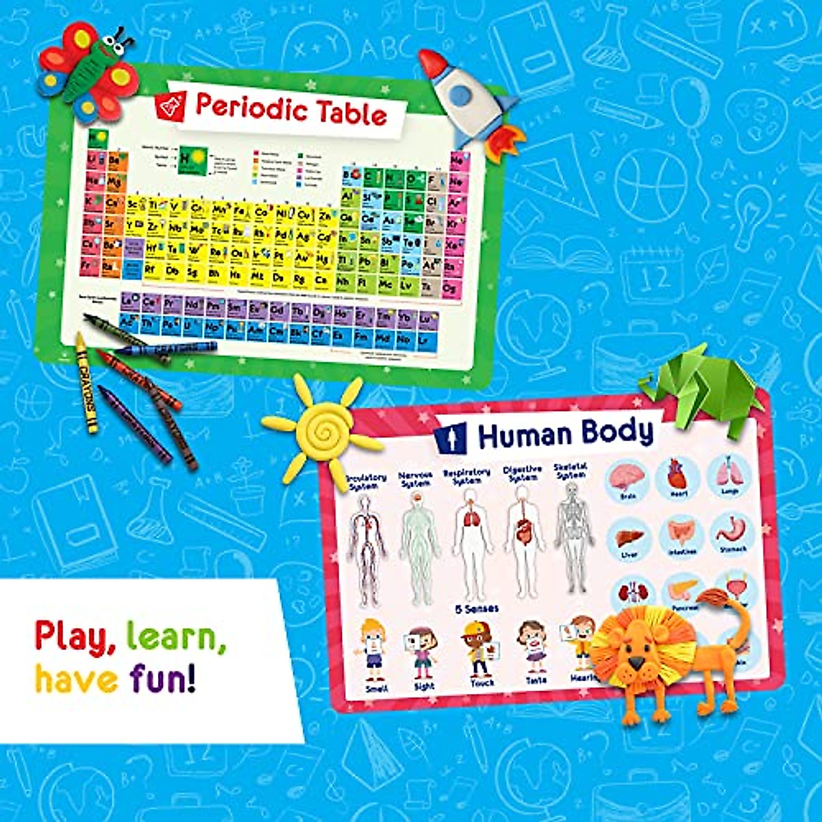 Simply Magic 5 Placemats for Kids - Kids Placemats Non Slip, Washable Reusable Children Placemats, Educational Placemats: USA and World Maps, Periodic Table, US Presidents, Plastic Placemats for Kids