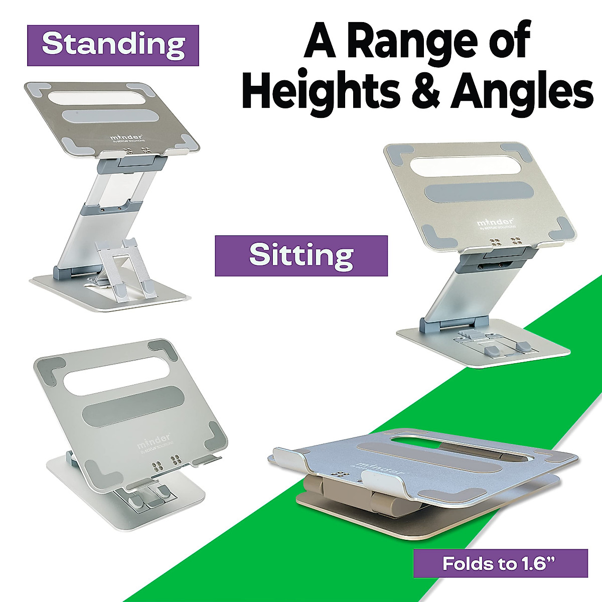 obVus Solutions - minder 2.0 Height-Adjustable Laptop Stand with Integrated Smartphone Holder – Ergonomic, Portable, and Foldable Stand for 10” to 17” Tablets and Laptops