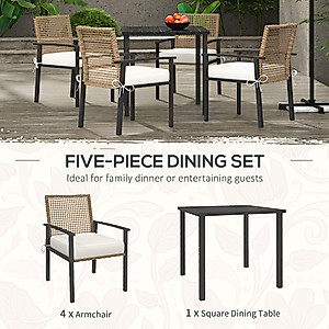Outsunny 5 Pieces Outdoor Dining Set for 4, Wicker Rattan Patio Furniture Set, Patio Table and Chairs Set with Cushions, Square Metal Table Top, Conversation Set for Garden, Backyard, Deck, Beige