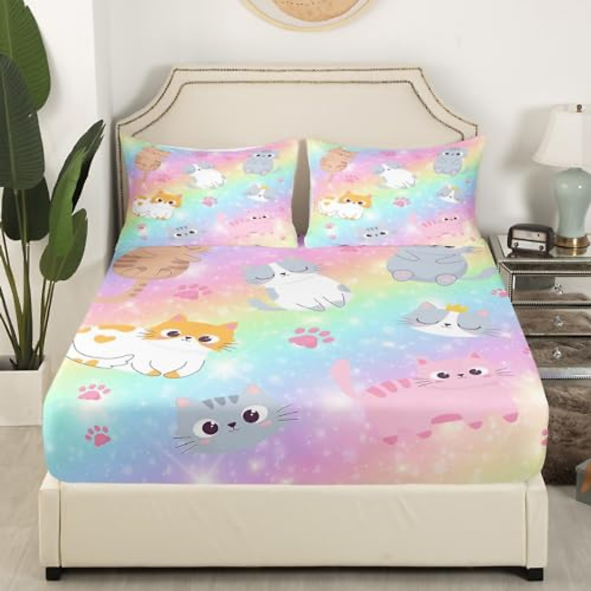 Erosebridal Rainbow Cat Full Sheets for Girls,Kids Cute Cats Fitted Sheets Teen Women Pastel Gradient Glitter Stars Cat Beding Sheets Cartoon Animal Kitten Paw Bed Cover 2 Pillow Cases Colorful