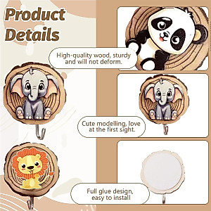 Vamotto Wooden Animal Wall Hooks, 6-Pack Self Adhesive Coat Hooks Hanging Wall Mounted Hooks for Coats, Towels, Hats,Backpack, Robe, Purse,Decorative Farmhouse