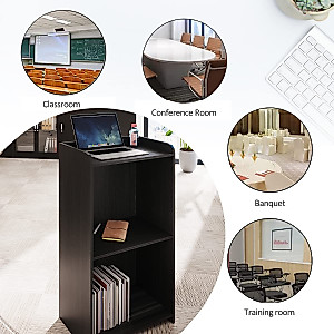 Podium Stand Portable with Wheels, Floor Stand for church, meetings, debate with large storage area, (Black)