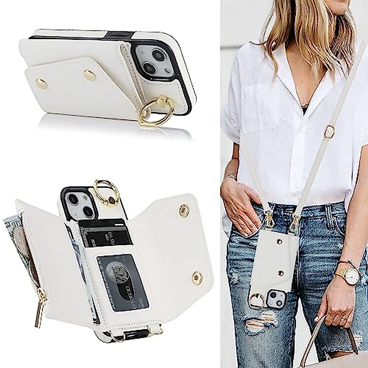 Lipvina for iPhone 13 Case Wallet with Strap for Women,Crossbody Lanyard and Wristlet Strap,Zipper Pocket,Credit Card Holder,Ring Stand,RFID Blocking Phone Wallet Cases(6.1 inch,White)