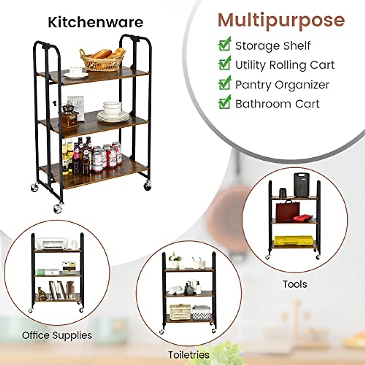 Giantex Foldable Storage Shelves with Wheels, No Assembly 3-Tier Rolling Cart, 2 of The Wheels Have Locks, Microwave Utility Cart Baker Rack, Portable Storage Rack w/Metal Frame, for Kitchen, RV