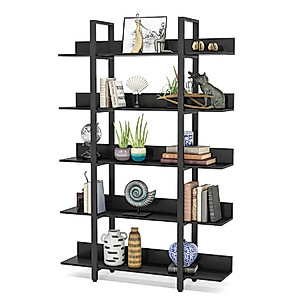 Tribesigns 5 Tiers Bookcase, 5-Shelf Industrial Style Etagere Bookcases and Book Shelves, Metal and Wood Free Vintage Bookshelf with Back Fence, Black