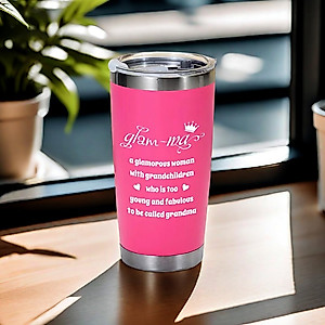 Xildew Funny Grandma Theme Glam-ma Definition Mother's Day for First Time Grandmother Grandparents Day Christmas Birthday Gift for Granny Glamma Stainless Steel Tumbler 20 oz Pink
