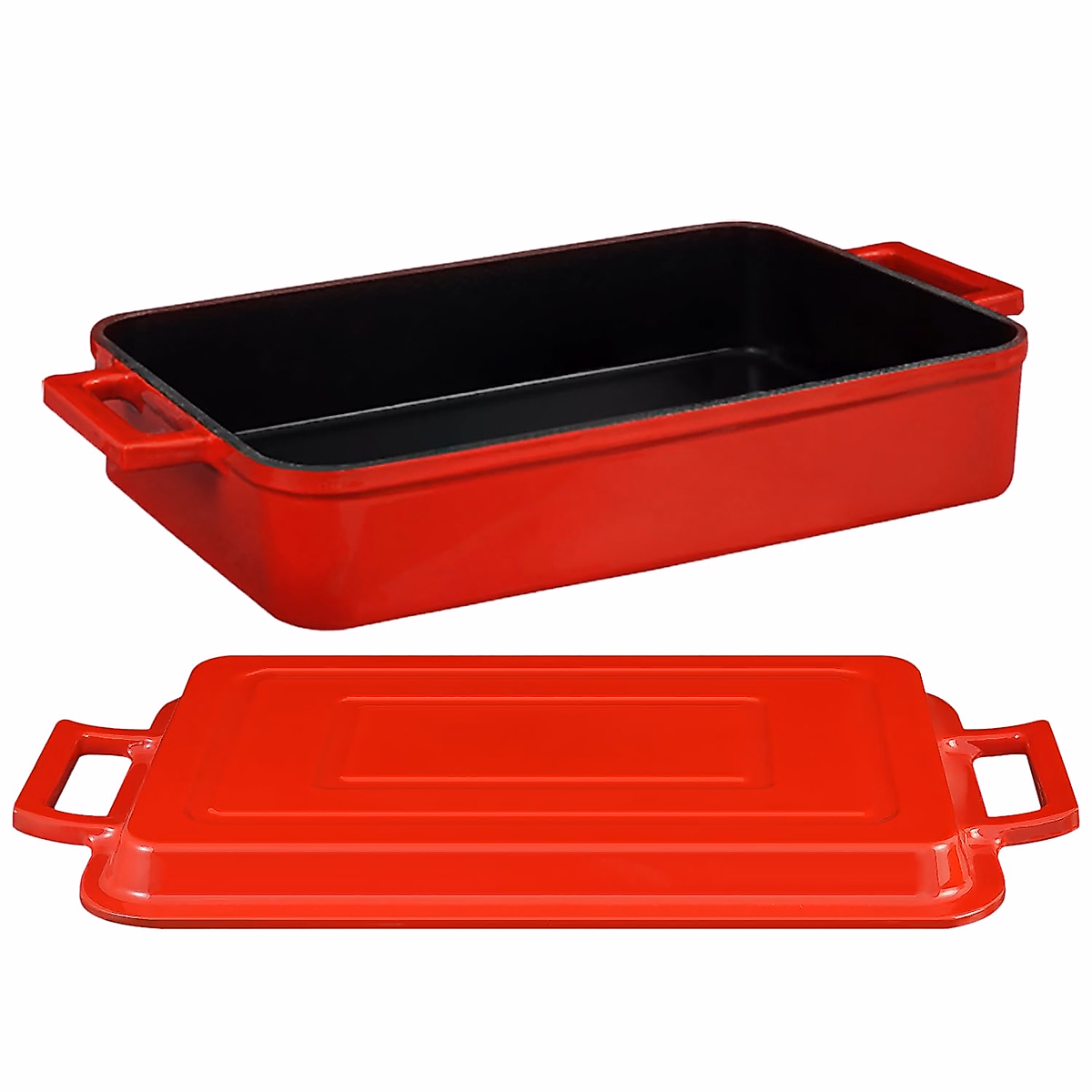 Flavehc Cast Iron Casserole Dish with Skillet Lid 9"x13" Rectangle Casserole Dishes for Oven Cast Iron Baking Dish Cast Iron Lasagna Pan Lasagna Baking Dish Red