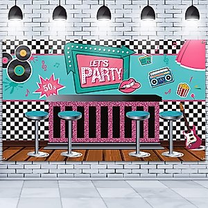 Back to 50's Rock and Roll Party Banner Rocking Party Backdrop 1950s Soda Shop Banner Retro Diner Decoration Background Photography Photo Props for Disco Studio Booth Supplies, 72.8 x 43.3 inch