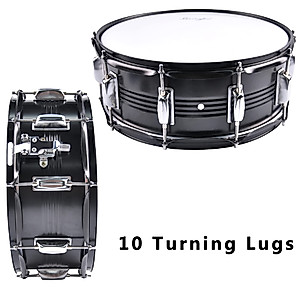 Lexington SD403S Snare Drum Set Student Steel Shell 14 X 5.5 Inches with 10 Lugs, Includes Drum Key, Drumsticks and Strap, Black Nickel