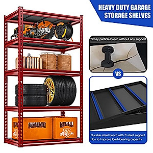 REIBII Garage Shelving Heavy Duty 72" Garage Storage Shelves 5 Tier Adjustable Heavy Duty Shelving 1750LBS Metal Storage Shelving Unit for Basement Garage Storage Rack 72"H x 16.8"D x 31.8"W Red Black