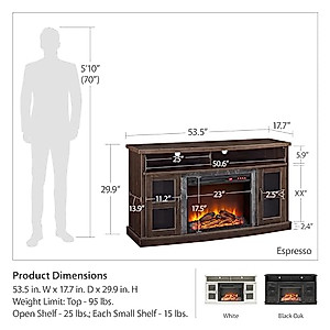 Ameriwood Home Barrow Creek Fireplace Console with Glass Doors, TVs up to 60", Black Oak