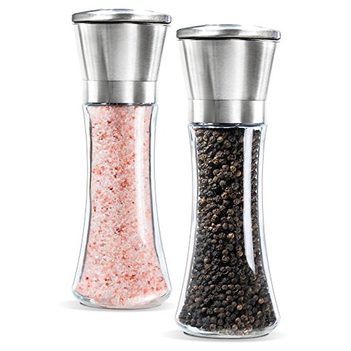 Levav Premium Salt and Pepper Grinder Set of 2 - Brushed Stainless Steel Pepper Mill and Salt Mill, Glass Body, SIze Grade adjustable ceramic rotor-salt and pepper shakers (tall)