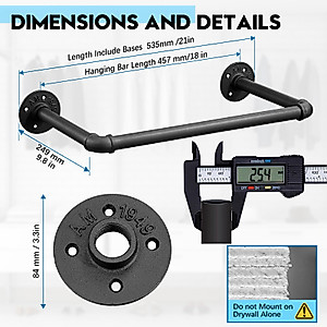 Boshangjia Industrial Pipe Clothes Rack Set of 2, 21” Heavy Duty Wall Mounted Clothing Rack Multi-Purpose Garment Bar, Space-Saving Hanging Rod for Laundry Room,Closet Storage