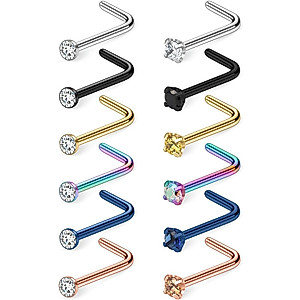 Ruifan 12PCS 18G Mix Color Stainless Steel Clear Diamond CZ Nose Studs Rings L Shaped Piercing Jewelry 1.5mm 2mm 2.5mm 3mm