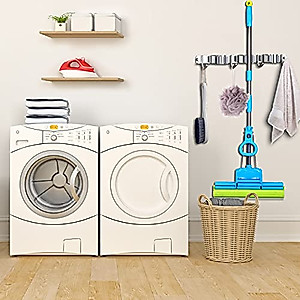 Gueryee Broom and Mop Holder Wall Mounted, Broom Hanger, Broom Organizer Wall Mount, Stainless Steel Broom Hook, Heavy Duty Broom Rack for Laundry Room, Garden, Garage, Bathroom(3 Racks 4 Hooks)