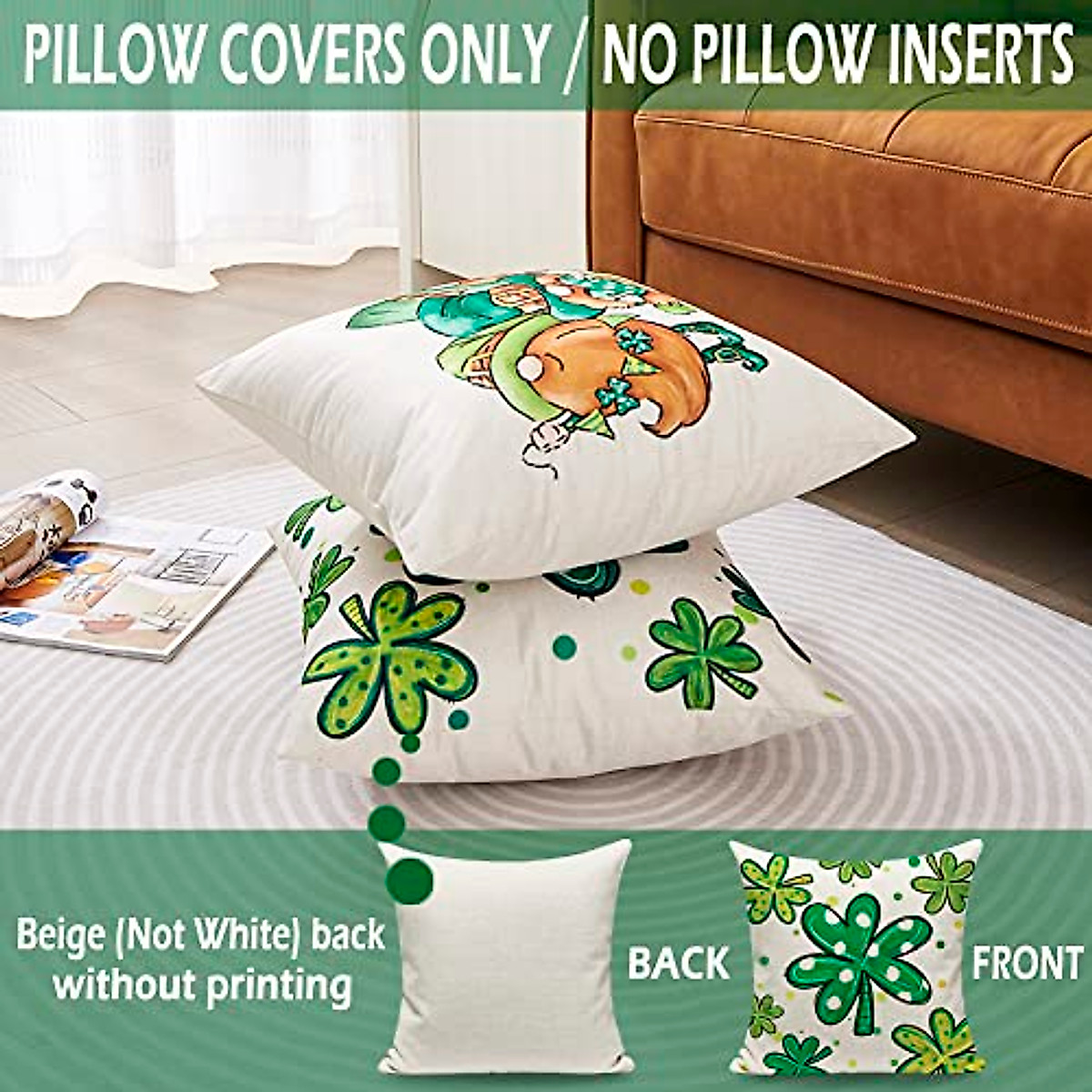 CARRIE HOME St Patricks Day Gnome Throw Pillow Covers 18x18 Set of 2 Green Lucky Shamrock Pillow Covers Saint Patricks Day Gnome Decor for Home Couch and Sofa