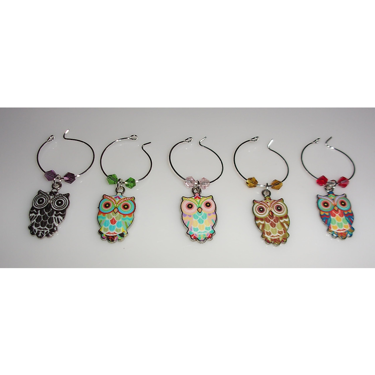 Wine Charms ~ Multi Color Owl Wine Charms Set of 5 Style 1
