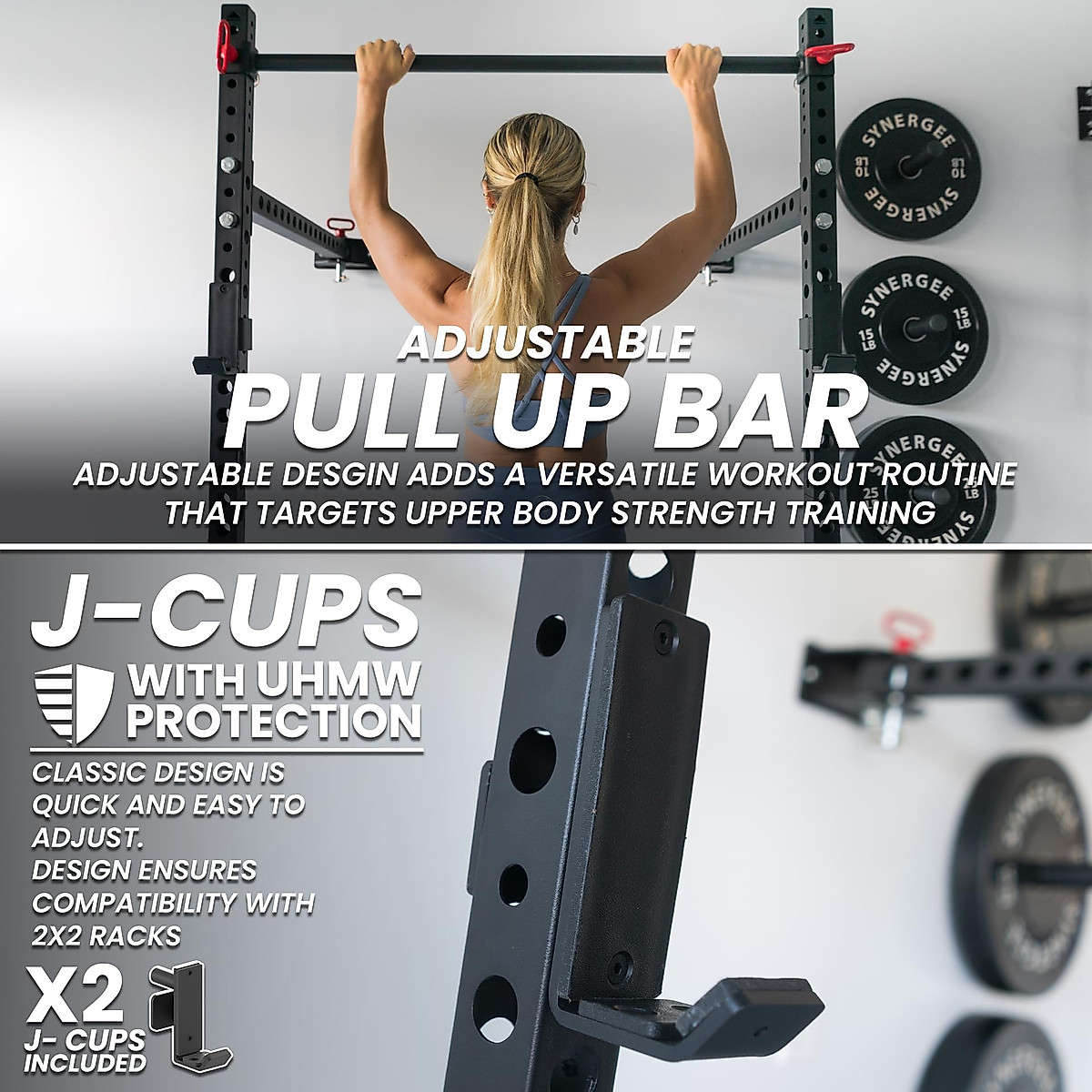 Synergee 2200 Series Folding 79" by 41” Squat Rack with J-Cups & Adjustable Pull Up Bar. Exercise Stand with 750lb Capacity. Power Cage