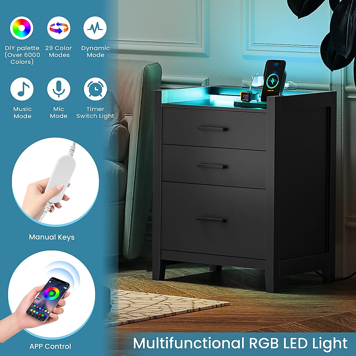 EPHEX LED Nightstand with Charging Station, Nightstand with 3 Drawers, End Side Table with USB Ports and Outlets, Modern Bedside Table for Bedroom, Black, NSL03