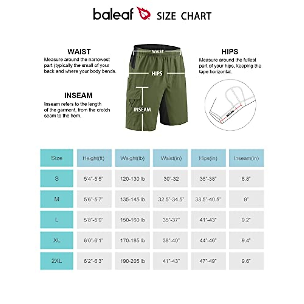 BALEAF Men's Mountain Bike Shorts Loose-fit Bicycle Shorts, Cycling 3D Padded Gel MTB Biking Lightweight SPF 50+ ArmyGreen Size XL