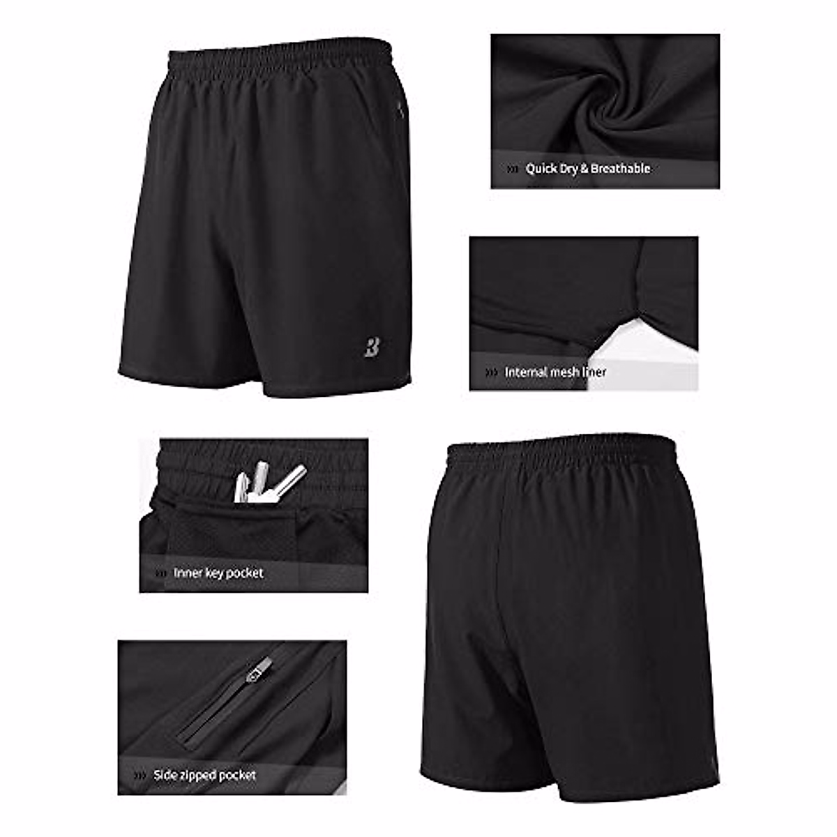 Roadbox Men's 5 Inch Running Athletic Quick Dry Shorts with Pockets for Workout Gym Exercise Black