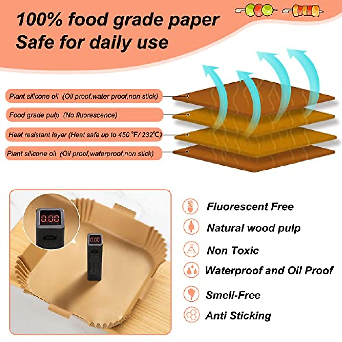 YQL Air Fryer Parchment Paper Liners,100Pcs 8 Inch Disposable Air Fryer Liners Square Non Stick Greaseproof Paper Sheets for Air Fryer Basket Compatible with Ninja,Tower,Cosori and More