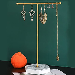 Jewelry Stand Display Necklace Holder T-Bar Plated Metal Tabletop Jewelry Organizer Tower for Show Jewelry Hanging Pendant Earring Bracelet Ring Accessorie with White Marble Plywood Bases.