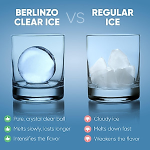 Premium Berlinzo Clear 2.4 Inch Ice Ball Maker - Whiskey Mold for Crystal Clear Sphere Ice Cubes - With Storage Bag