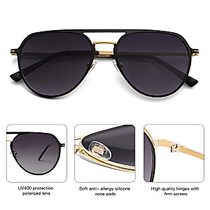 SOJOS Trendy Aviator Polarized Sunglasses for Women Men Retro Shades Classic Metal Sun Glasses SJ1204 Black&Gold/Grey Lens