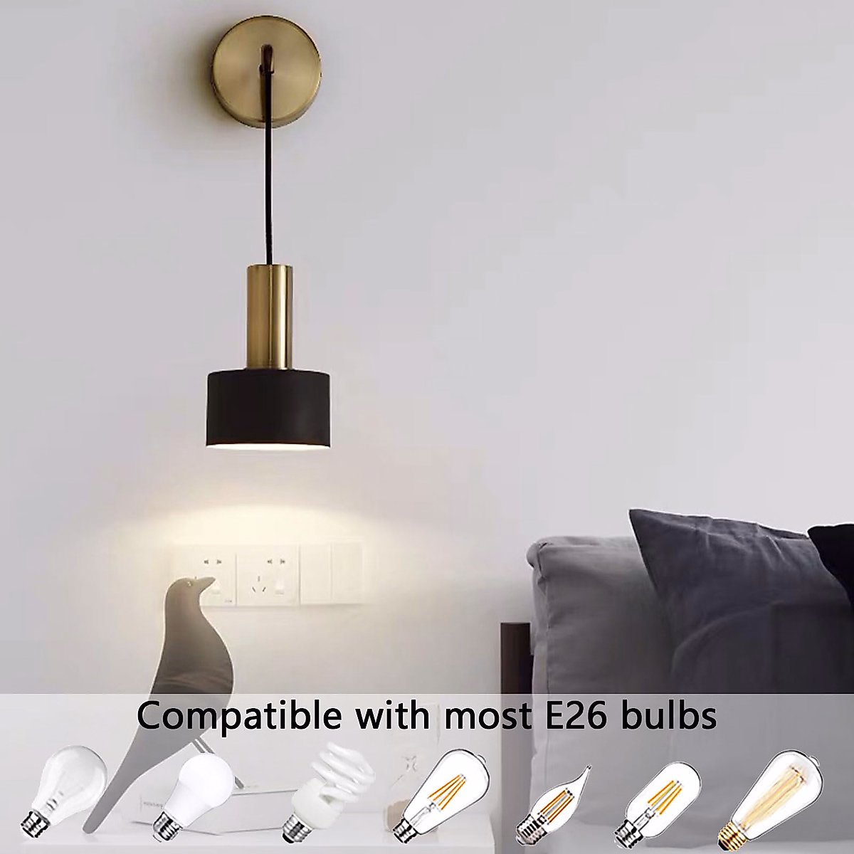 CATA-MEDICA Black Indoor Wall Sconces Set of 2, Modern Adjustable Height Bedside Wall Lamp, Wall Mounted Lamp, E26 Brass Wall Lights Fixtures for Bedroom Living Room Hallway Corridor Stairs