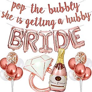 Bachelorette Party Decorations Kit, Bridal Shower Party Supplies Including Bride Balloons, Pop the Bubbly She's Getting a Hubby Banner, Ring & Champagne Bottle Foil Balloons, Rose Gold Balloons kit