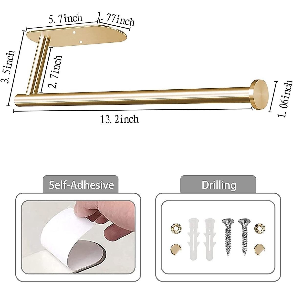 Paper Towel Holder Wall Mount，Aluminum Alloy Paper Towel Holder Sturdy and Durable ,Paper Towel Holder Under Cabinet ,Vertically or Horizontally Mount Both Available in Adhesive and Screws（Gold）