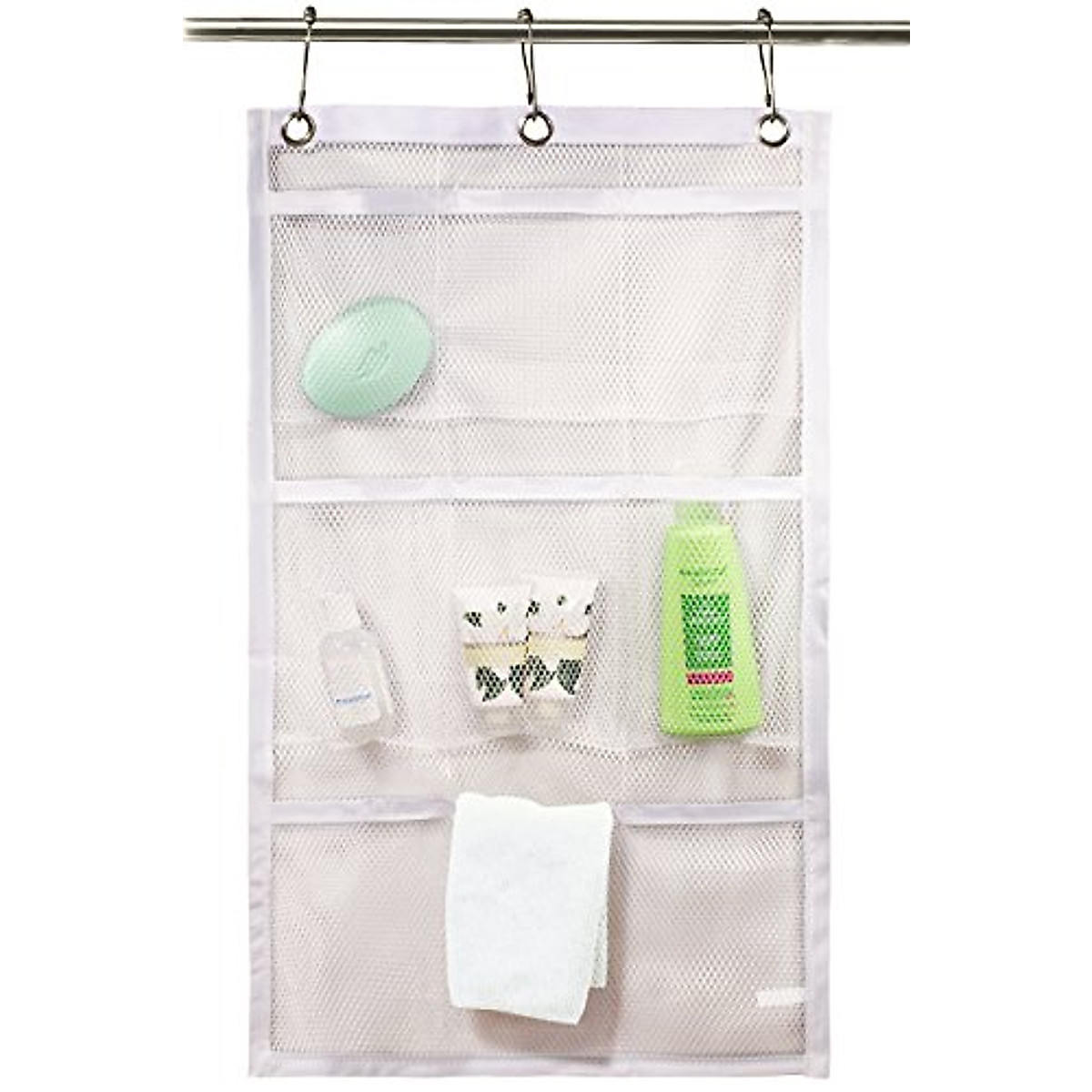 Shower Curtain Bathroom Organizer -9 Pockets- Perfect for Organizing Your Home Bath. Organize Your Toiletries and kid’s Toys in Nine Durable Deep Mesh Pockets. Hang on Existing Shower Curtain Rings.