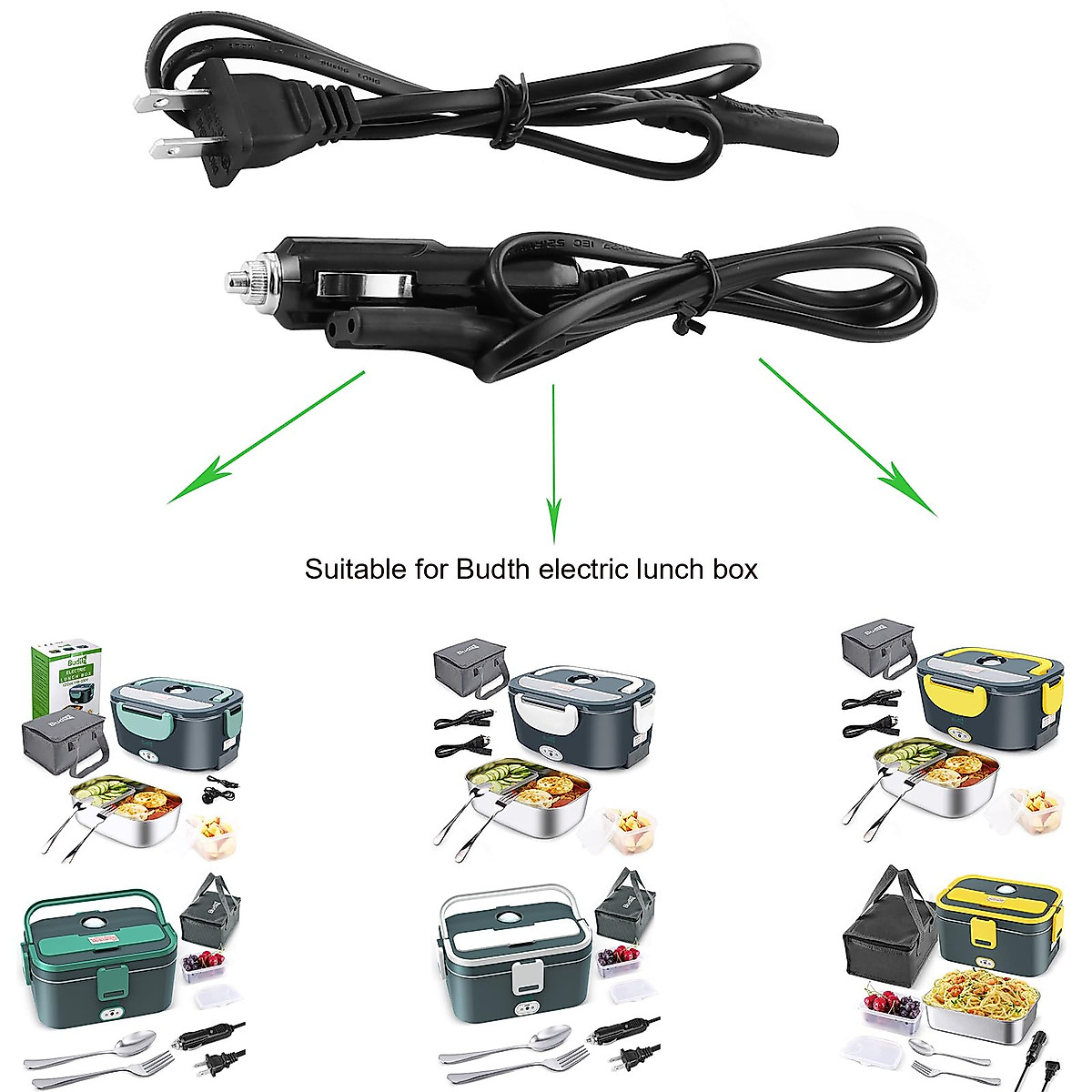 Budth Power Cord for Electric Lunch Box, 12/24v for Car Use, 110v for Home Office Use, Lunch Box Food Heater Plug, Portable Electric Lunch Box Replaceable Power Cord