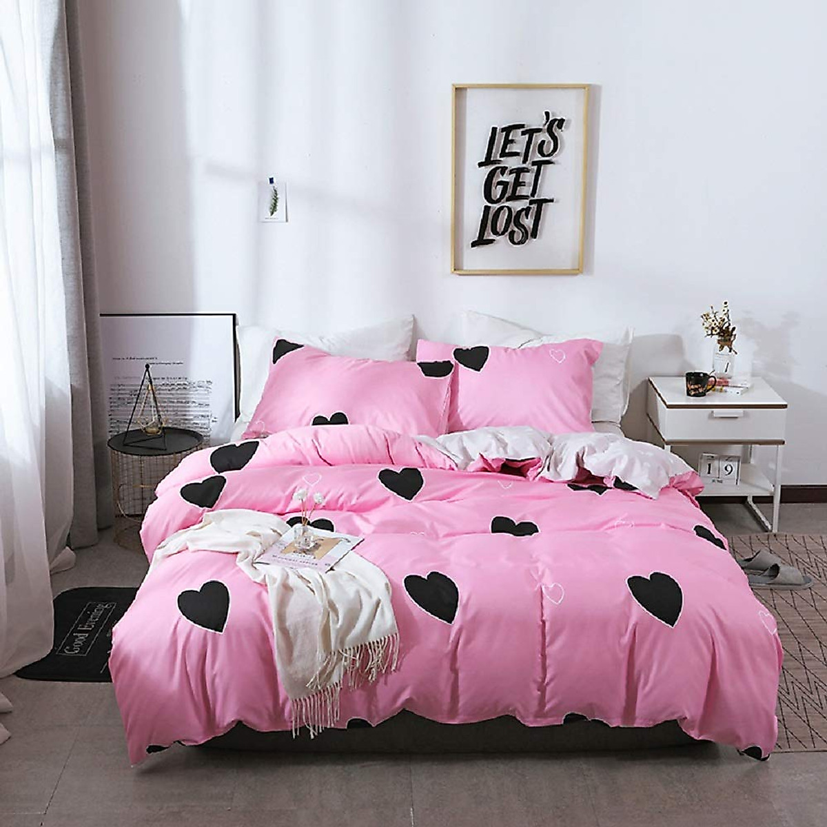 Erosebridal Girls Pink Comforter Cover Queen Black Love Pattern Girly Bedding Set for Kids Child Teens Cartoon Lightweight Grey Reversible Duvet Cover Soft Microfiber Bedclothes Fashion Room Decor
