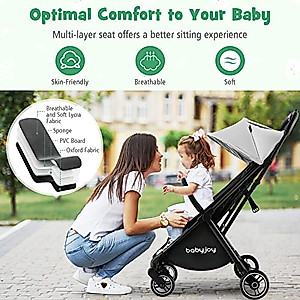 BABY JOY Lightweight Baby Stroller, Compact Travel Stroller for Airplane, Infant Toddler Stroller w/Adjustable Backrest & Canopy, Storage Basket, Self Standing Gravity Fold, Aluminium Frame (Gray)