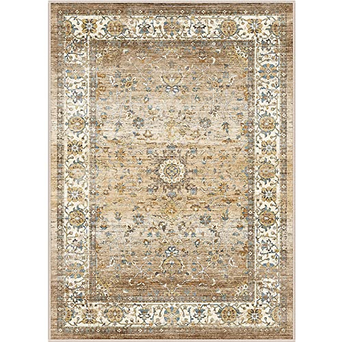 befbee Washable Rug 8x10 Area Rugs for Living Room - Stain Resistant Non-Slip Backing Rugs for Bedroom - Vintage Boho Persian Large Area Rug (Apricot/Blue, 8'x10')