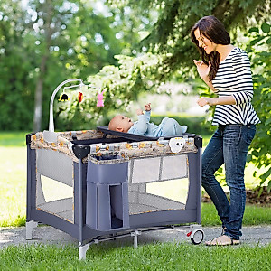Costzon 3 in 1 Pack and Play, Portable Baby Playard with Bassinet, Changing Table, Music Box, Wheels & Brake, Basket, Carry Bag, Co-Sleeper Bassinet Compact Travel Crib for Indoor Outdoor Use Grey