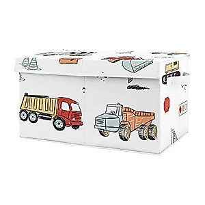 Sweet Jojo Designs Construction Truck Boy Small Fabric Toy Bin Storage Box Chest For Baby Nursery or Kids Room - Grey Yellow Orange Red and Blue Transportation