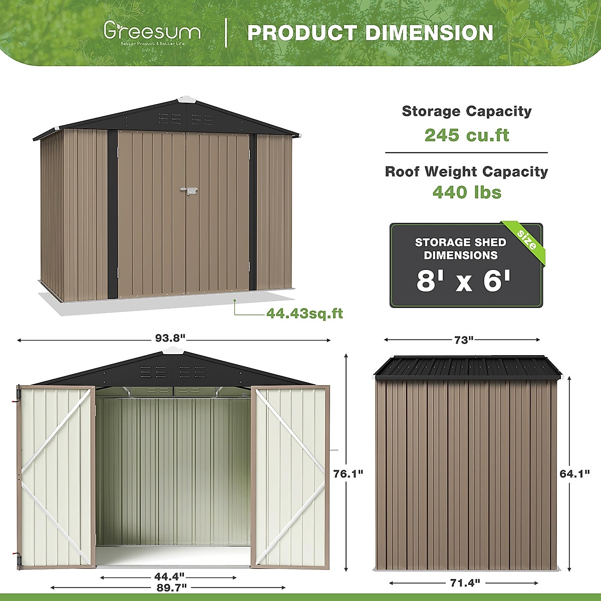Greesum Metal Outdoor Storage Shed 8FT x 6FT, Steel Utility Tool Shed Storage House with Door & Lock, Metal Sheds Outdoor Storage for Backyard Garden Patio Lawn (8’x 6'), Brown