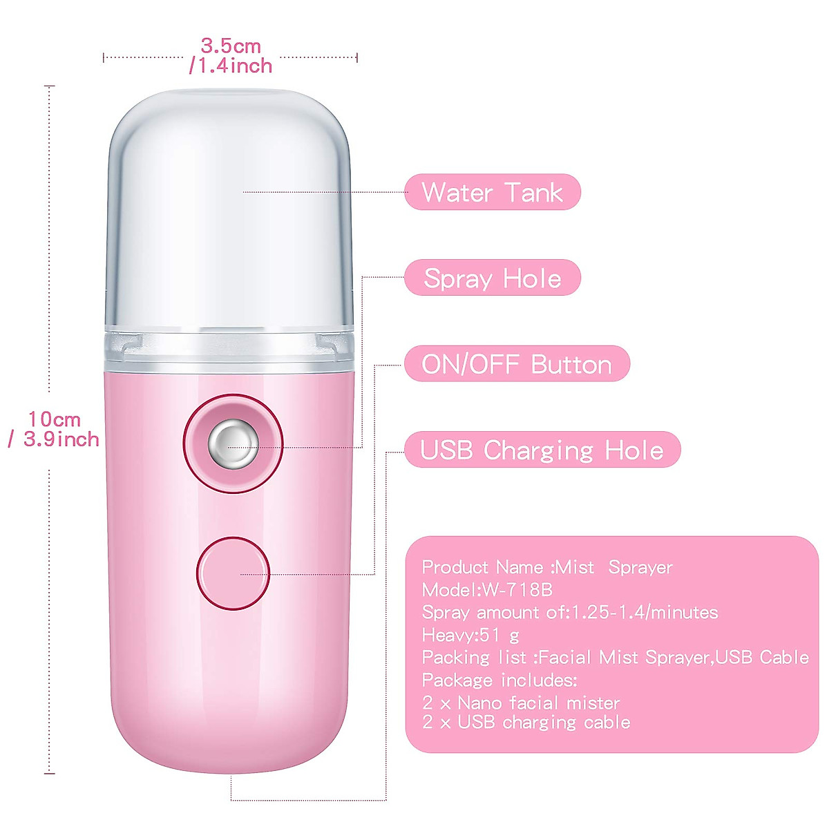 Honoson 2 Pieces Nano Facial Mister 30 ml Mini Face Humidifier Portable Facial Sprayer USB Rechargeable Handy Skin Care Machine for Face Hydrating, Daily Makeup (Dark Pink and White)