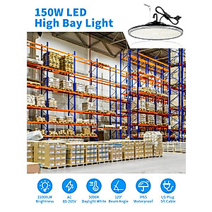 LED High Bay Light 150W, 22500LM LED Shop Light with US Plug 5' Cable, 5000K Daylight UFO LED High Bay Lights, IP65 Commercial Warehouse Light, Super Bright Area Bay Lighting for Garage Barn Workshop
