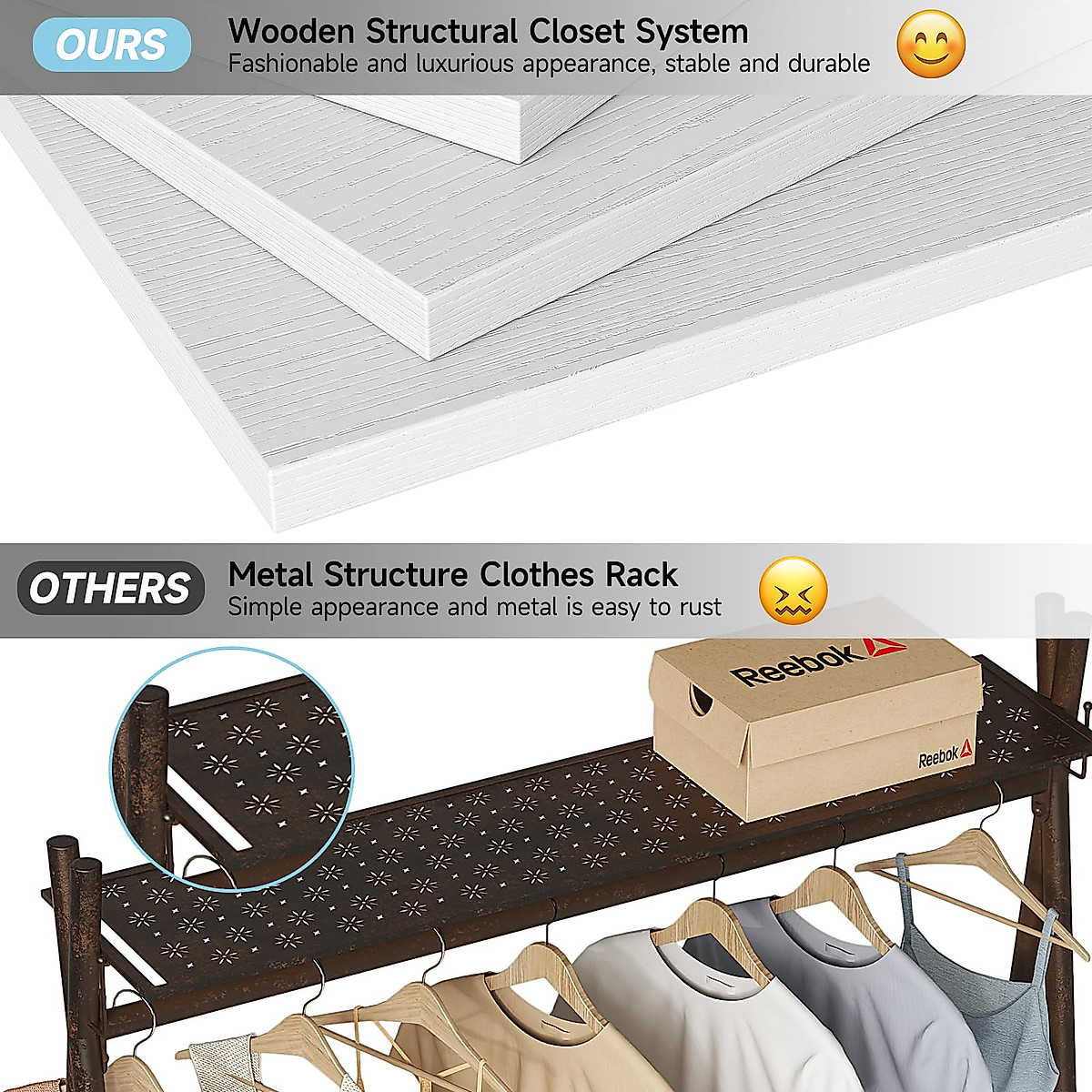 96 Inches Closet System, 8FT Walk In Closet Organizer with 3 Adjustable Shelves & 3 Hang Rods , Heavy Duty Clothes Rack with 3 Drawers, Built-In Garment Rack, 96"L x 16"W x 75"H, Load 1000 LBS, White