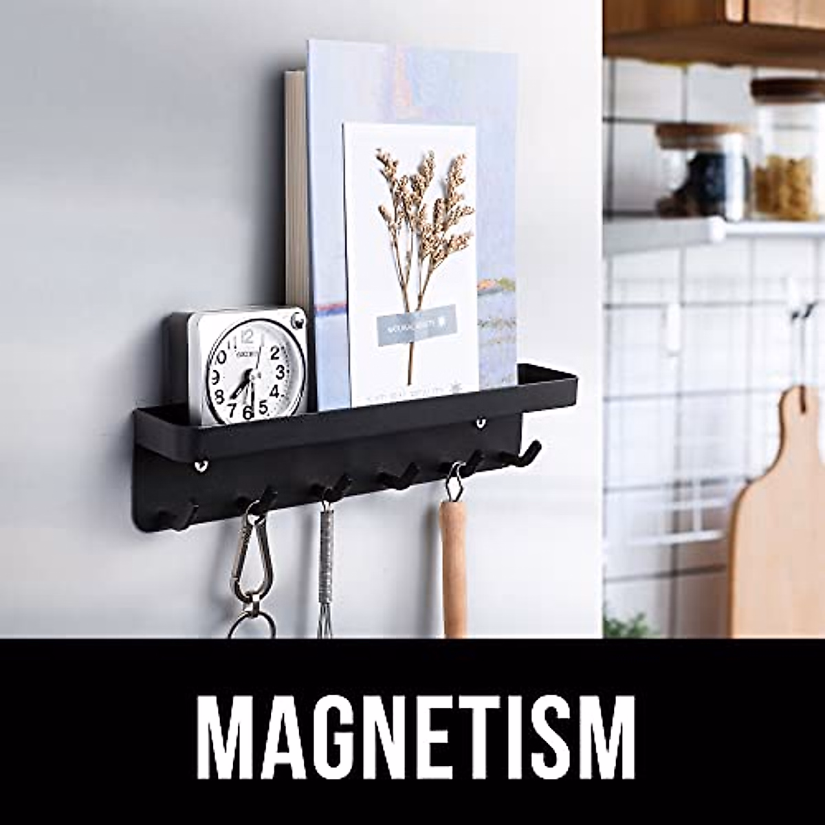 koroda Magnetic Key Holder for Wall: Self Adhesive Key Rack with Small Shelf and 6 Metal Hooks - Wall Mount Mail Organizer with Hanger for Door Entryway Hallway and Office ( Modern Black )
