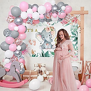 Winrayk Elephant Baby Shower Decorations for Girl Pink Elephant Balloon Garland Arch Kit It's a Girl Backdrop Tablecloth Star Elephant Foil Balloon, Toddler Birthday Party Girl Baby Shower Decorations