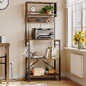 Bestier Bakers Rack with Power Outlets, Height Adjustable Microwave Stand, Kitchen Storage Shelf Rack with 8 S-shaped Hooks, Coffee Bar Table 5 Tiers Rustic