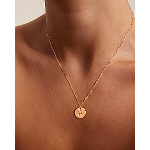 Bemoly Initial Necklace for Women Round 11MM Coin Disc Double Side Engraved Letter A Hammered Pendant 14K Gold Plated Personalized Alphabet Birthday Jewelry 17.5"