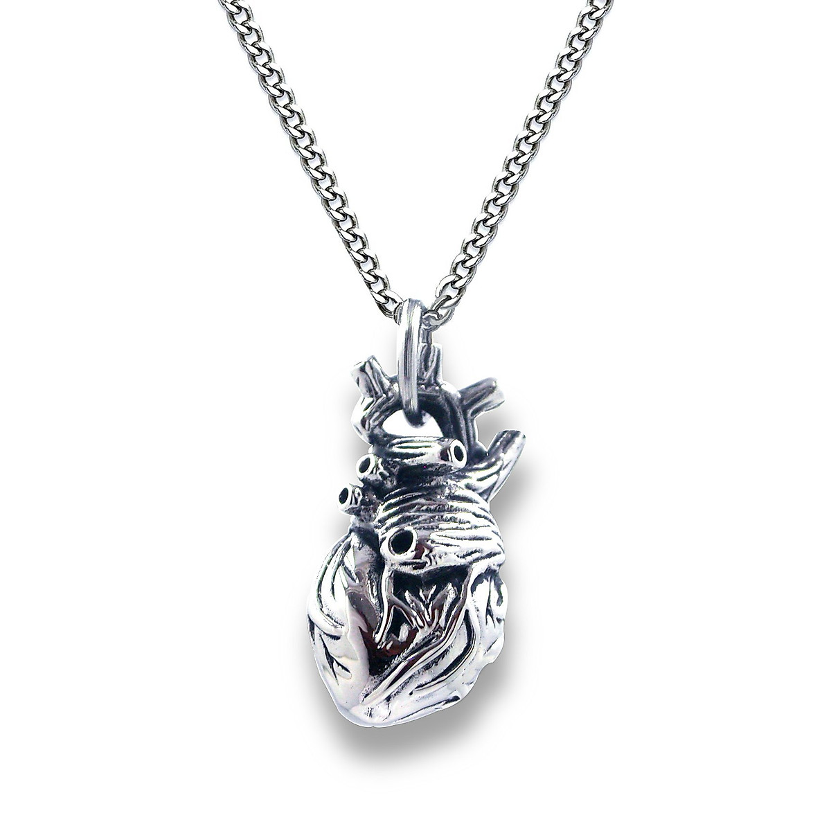 Pearlina Anatomical Heart Necklace Man or Woman 3D Pendant Oxidized Antique-Finish Stainless Steel, 24"