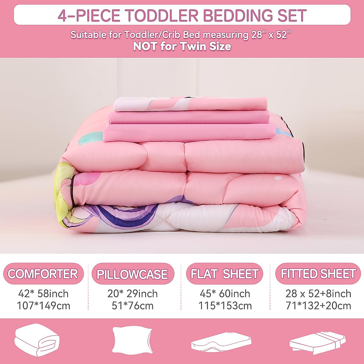 Wowelife Unicorn Toddler Bedding Set for Girls, Rainbow 4 Piece Toddler Bed Sheets Sets Pink Toddler Comforter Set Kids Bag in A Bag with Comforter, Flat Sheet, Fitted Sheet and Pillowcase, Pink