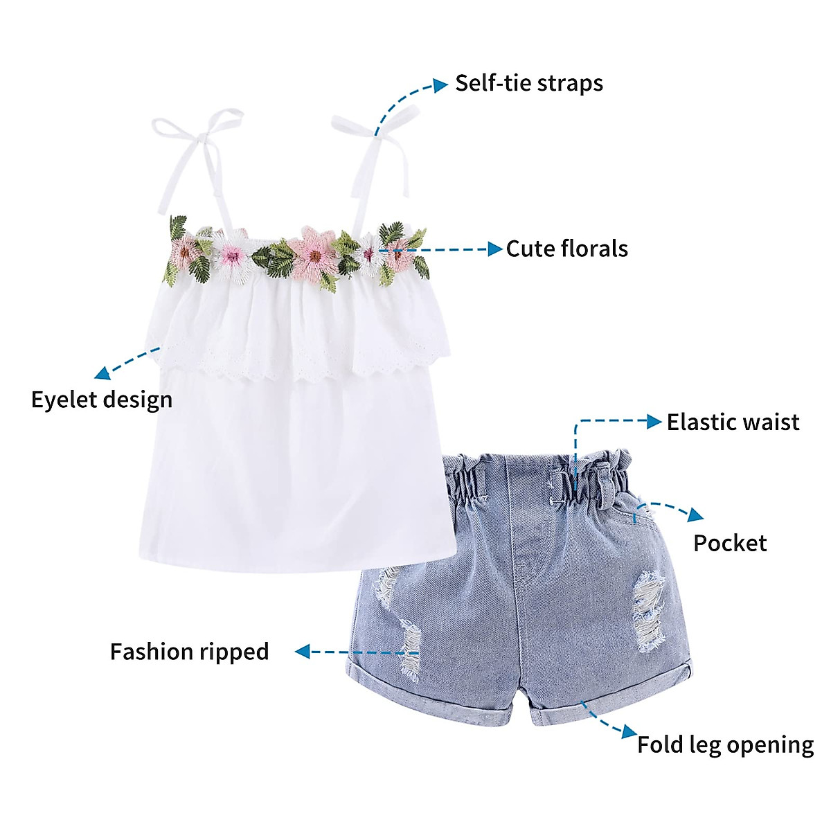 Mud Kingdom Outfits for Toddler Girls White Halter Tops and Shorts Ripped Denim 3T